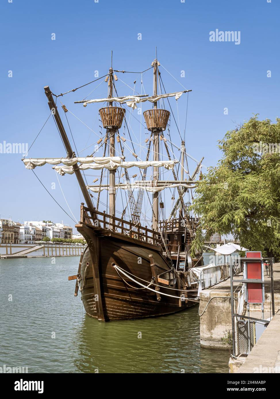The Nao Victoria replica carrack ship docked at the Guadalquivir River ...
