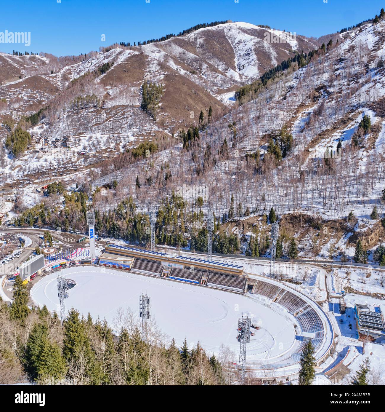 Almaty, Kazakhstan - March 18, 2024: Top view of Medeo high-mountain ...