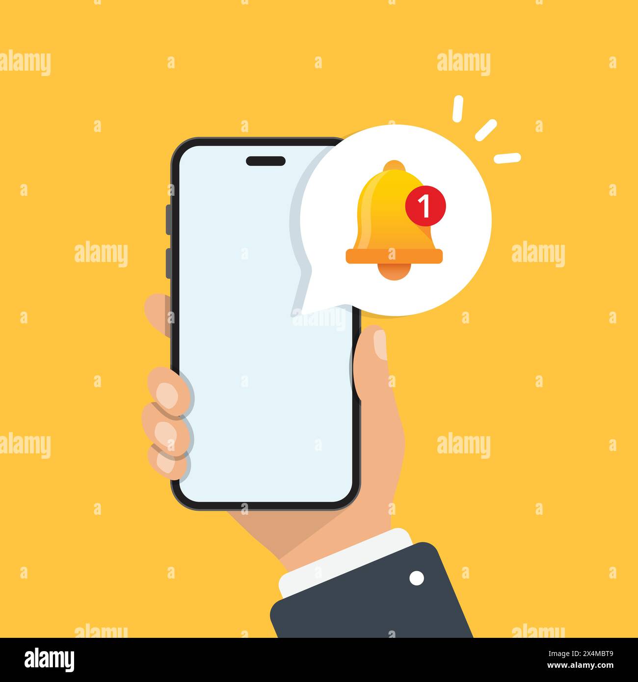 Hand holds phone with notifications icon in flat style. Smartphone with ...