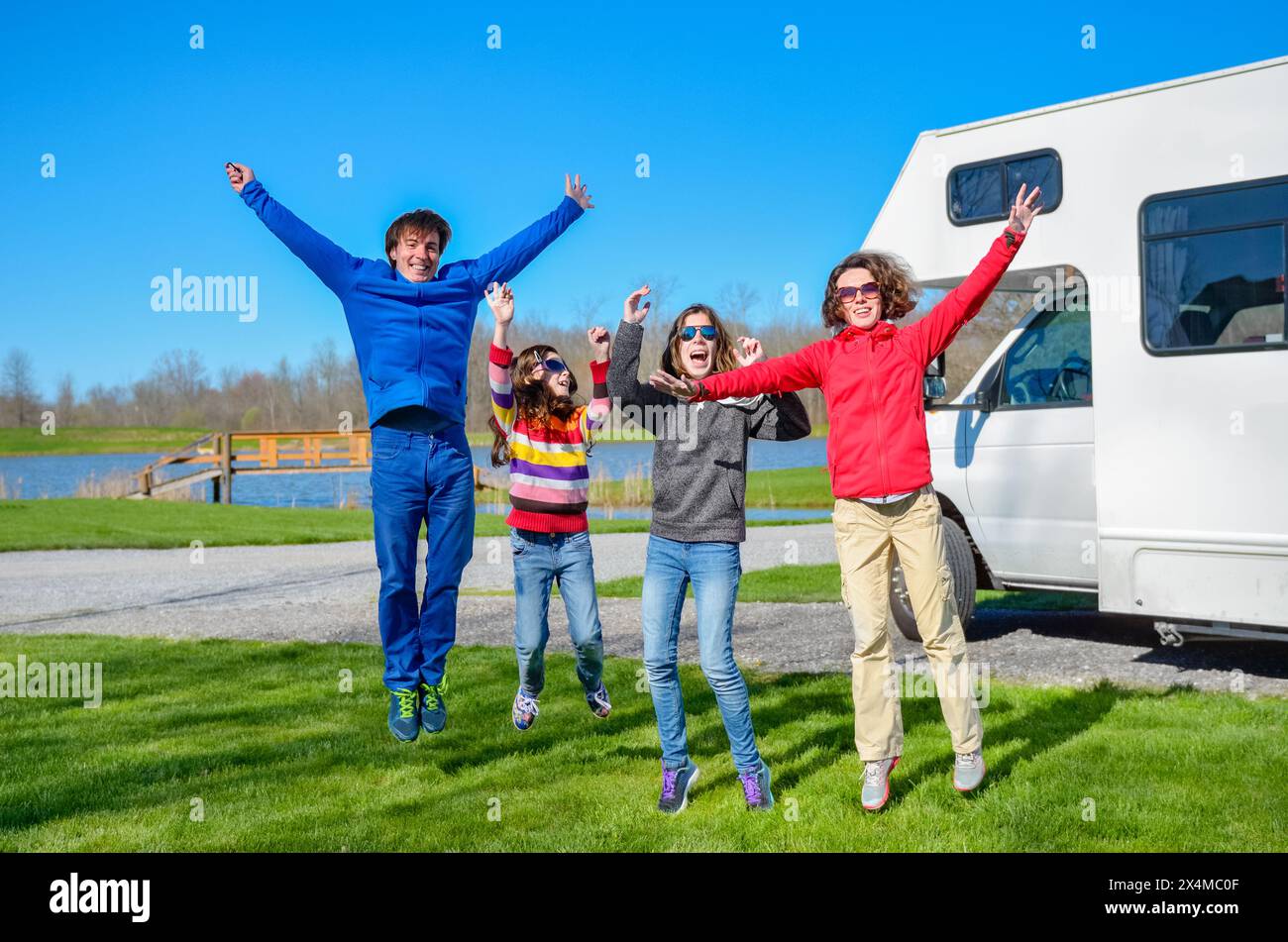 Family vacation, RV travel with kids, happy parents with children have ...