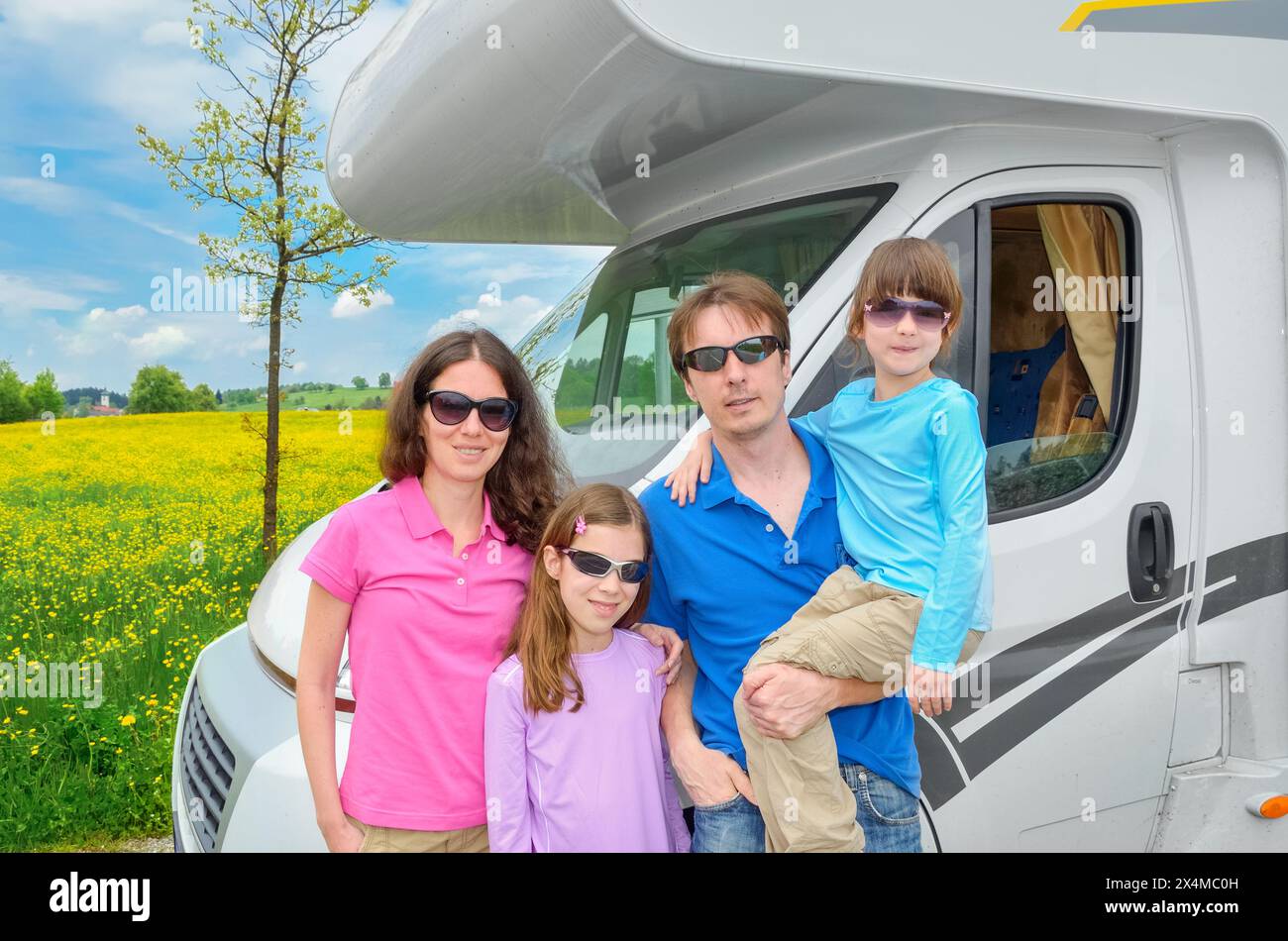 Family vacation, RV travel with kids, happy parents with children have ...