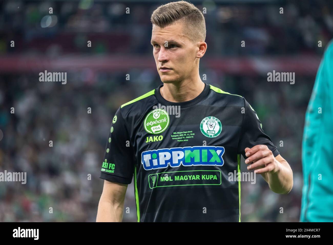 Budapest, Hungary – May 11, 2022. Paks midfielder Jozsef Windecker ...