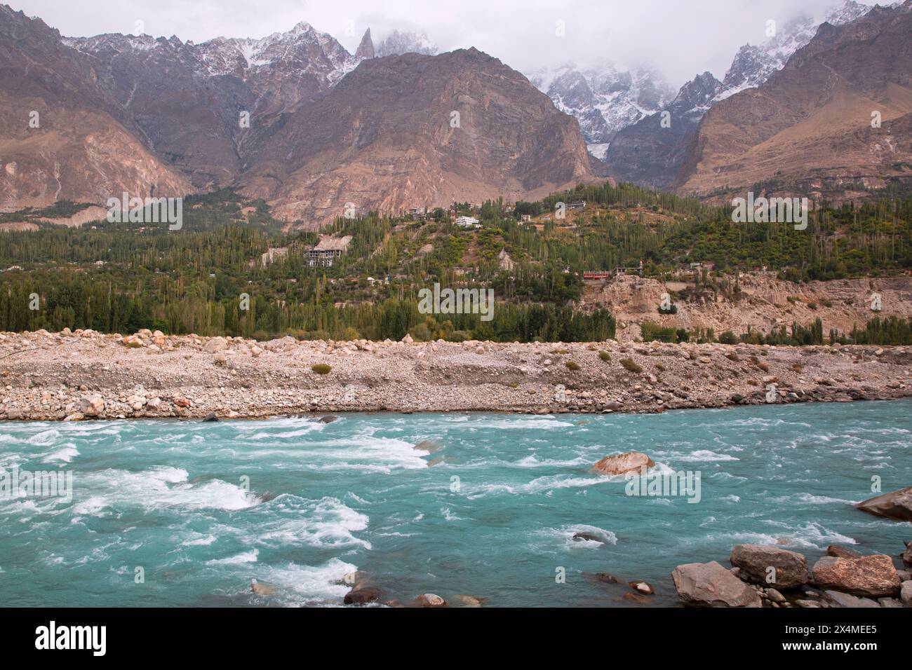 Nagar river and beautiful mountains landscape in Nagar, Gilgit ...