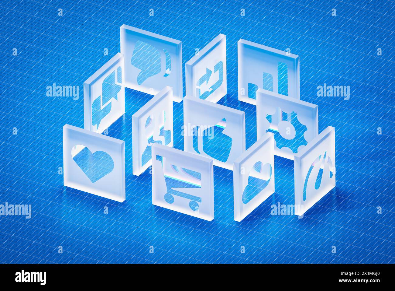 Isometric Internet and Social Media related icons as frosted glass ...
