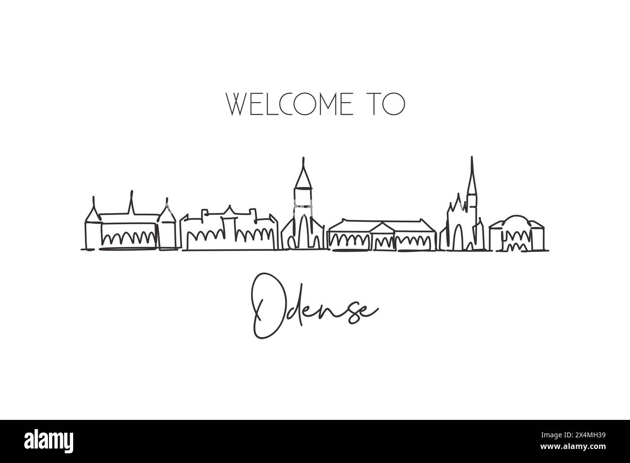 One single line drawing Odense city skyline, Denmark. World historical ...