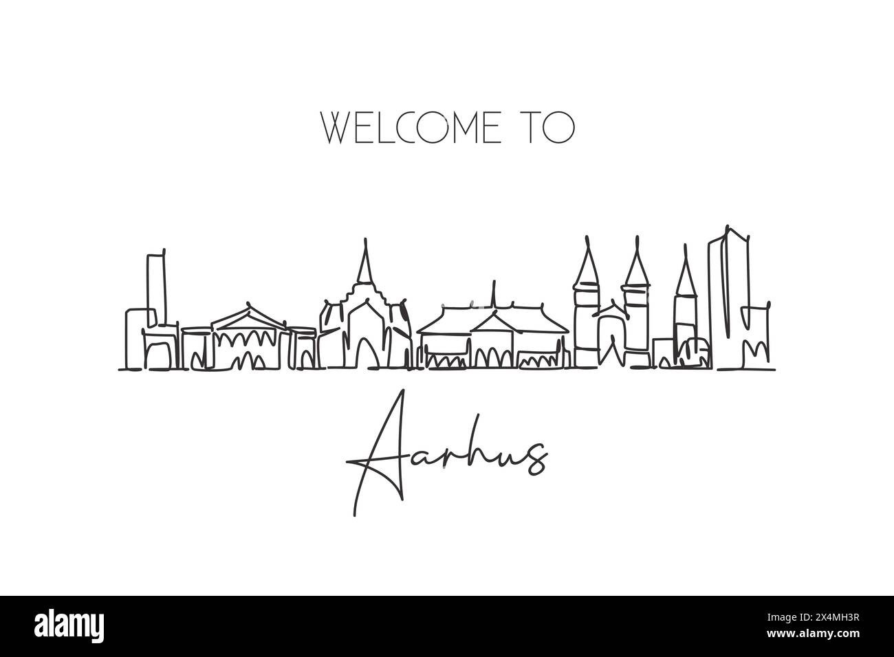 One single line drawing Aarhus city skyline, Denmark. World historical ...
