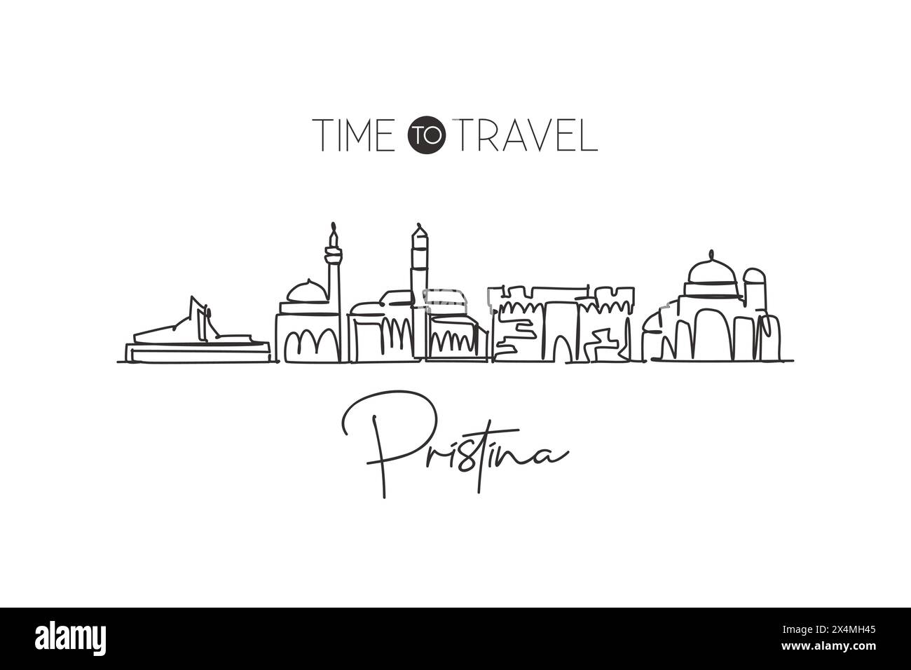 Single continuous line drawing Pristina skyline, Kosovo. Famous city ...