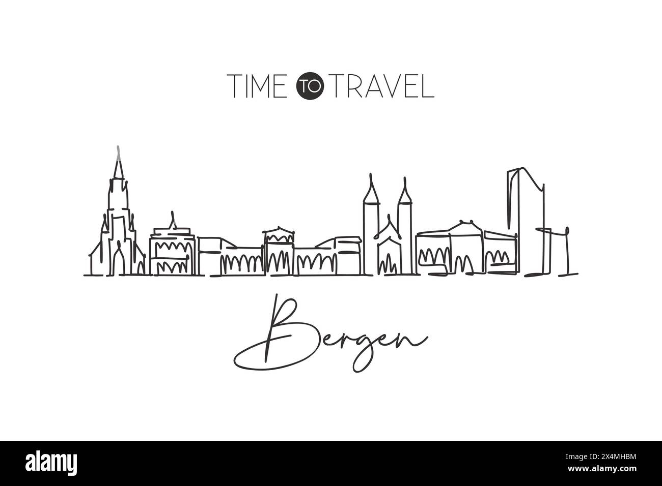 One single line drawing of Bergen city skyline, Norway. World town ...