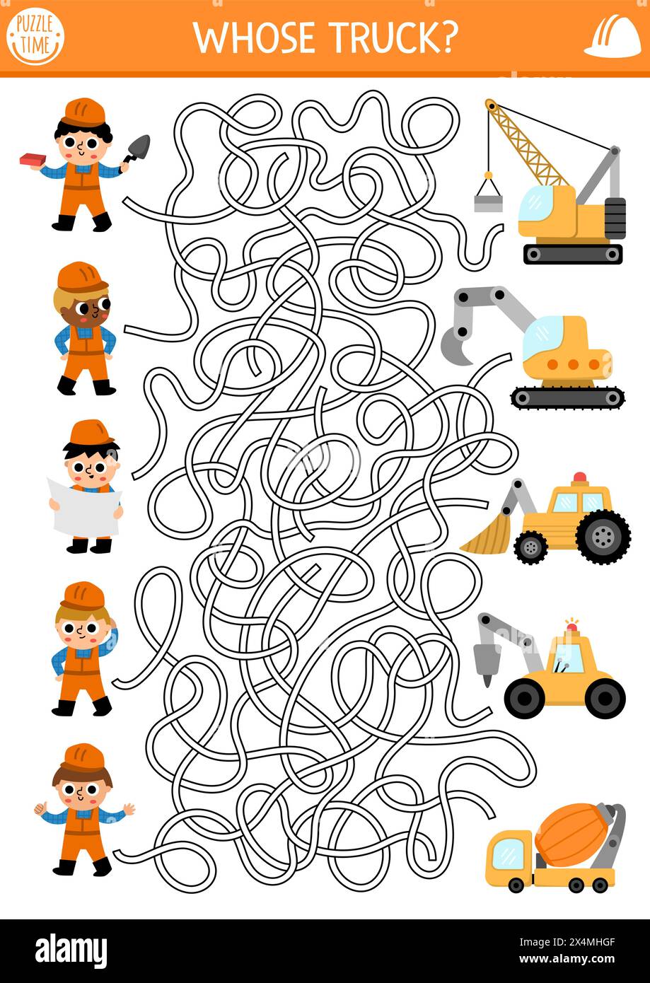 Construction site maze for kids with workers and their trucks. Building ...
