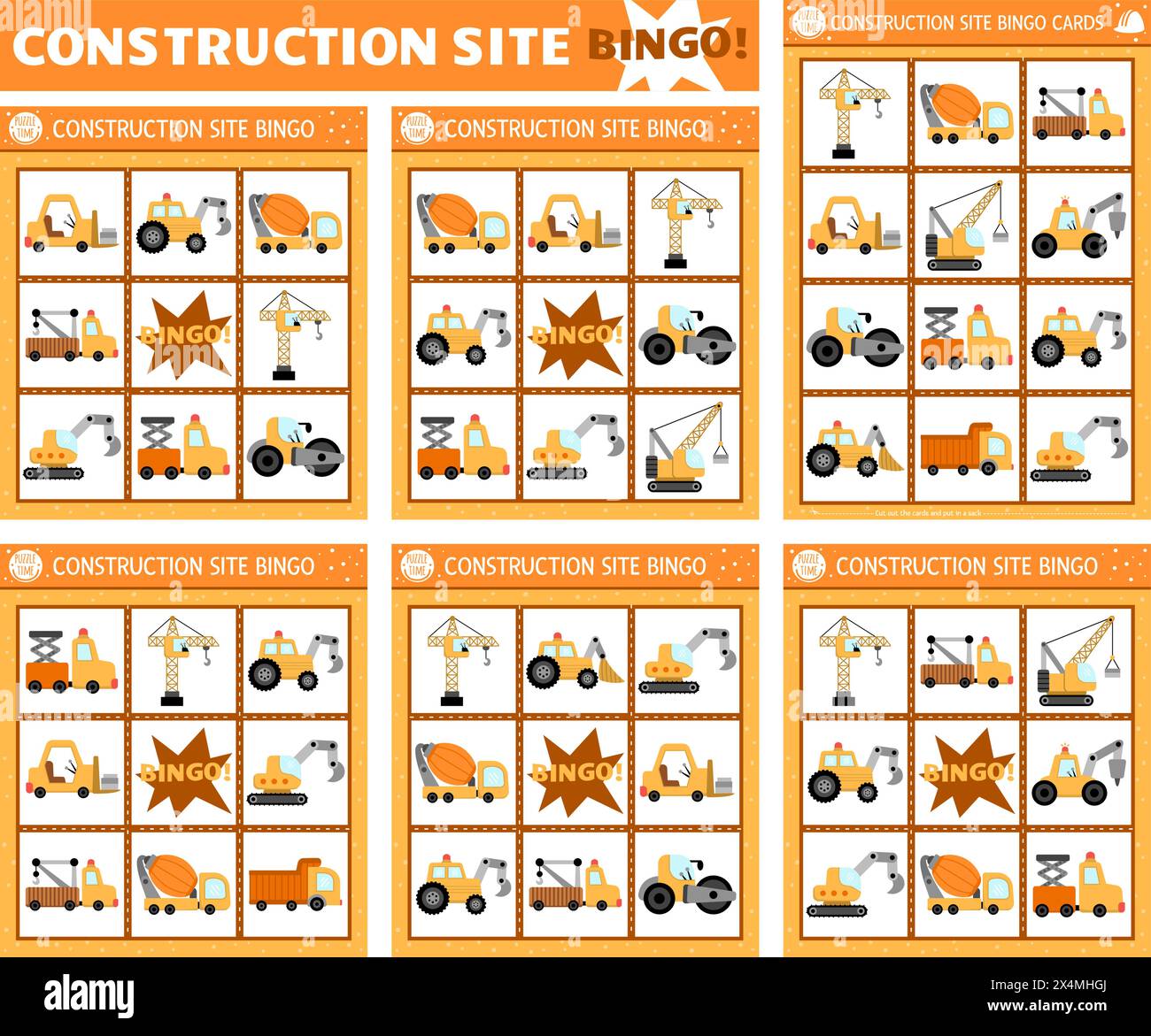 Vector construction site bingo cards set. Fun family lotto board game ...