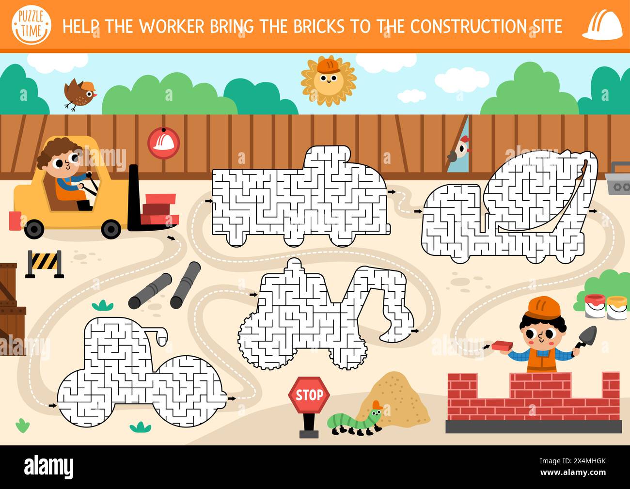 Construction site geometrical mazes for kids with industrial landscape ...