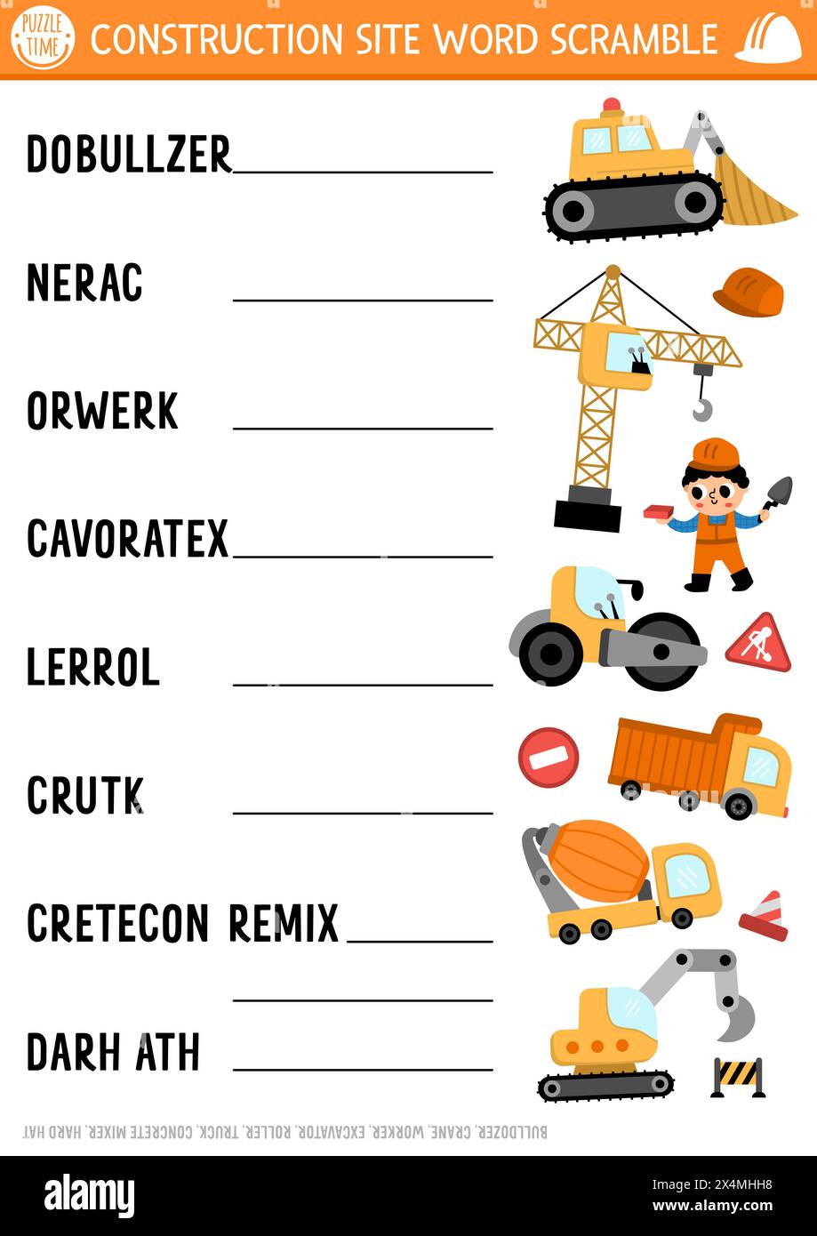 Vector construction site word scramble activity page. English language ...