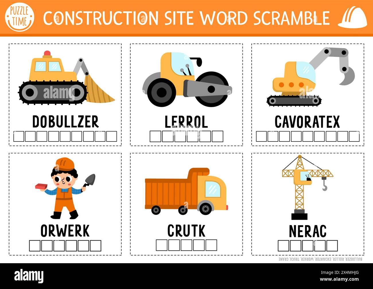 Vector construction site word scramble activity page. English language ...