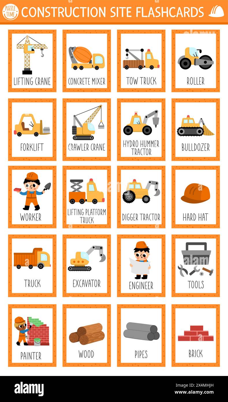 Big vector construction site flash cards set with crane, bulldozer ...