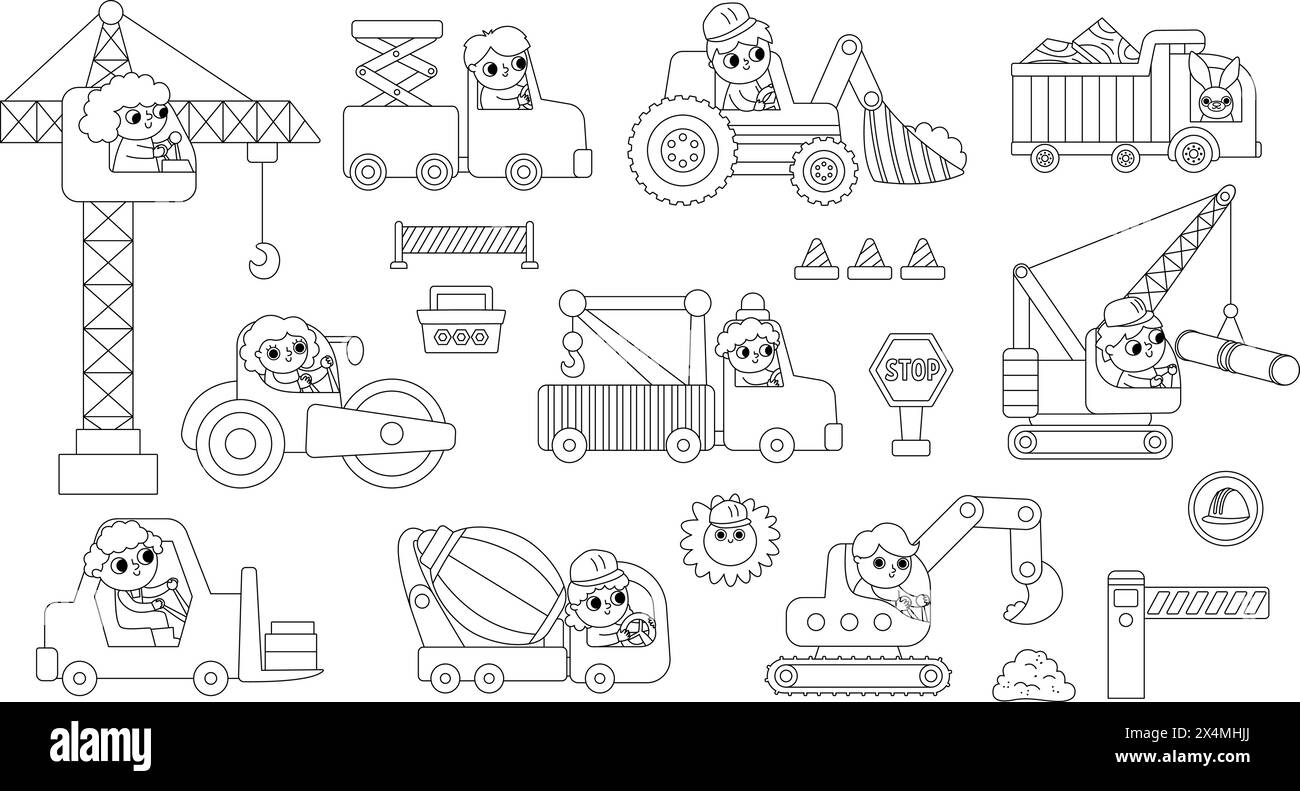 Black and white vector special transport set with drivers. Construction ...