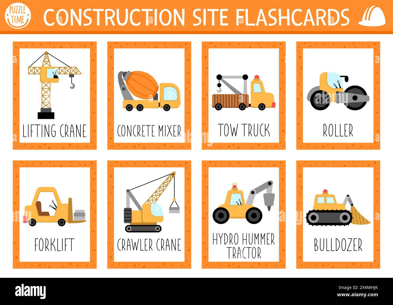 Vector construction site flash cards set with crane, bulldozer ...