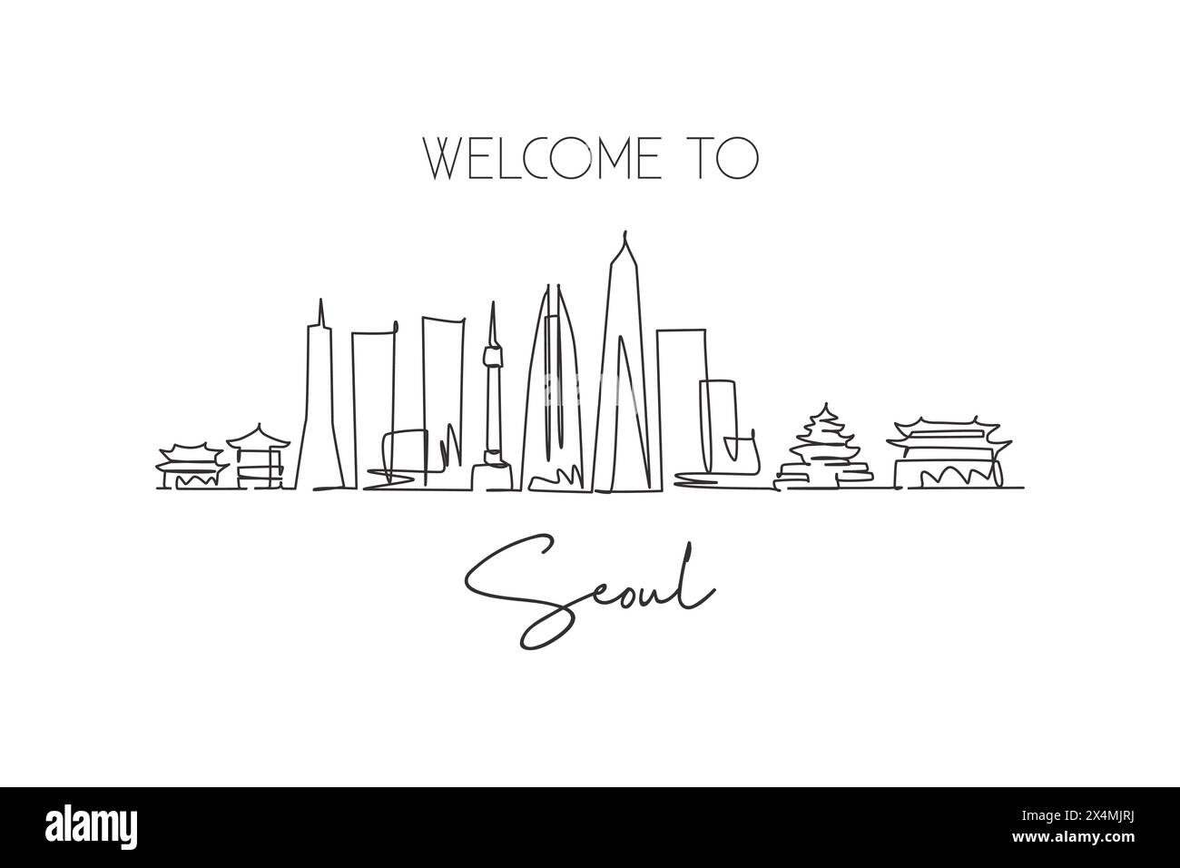 One single line drawing of Seoul city skyline, South Korea. World town ...