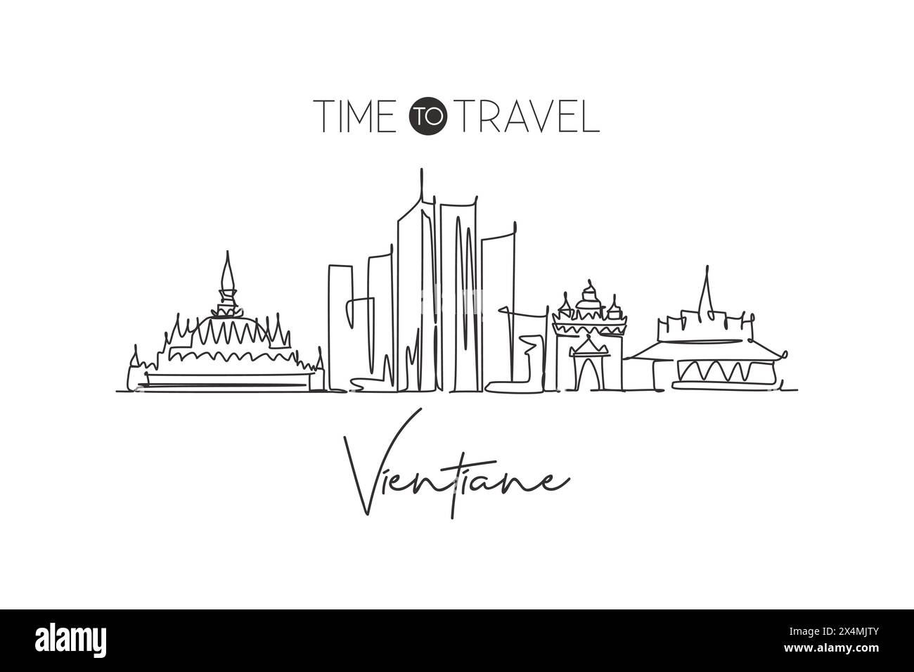 One single line drawing Vientiane city skyline, Laos. World historical ...