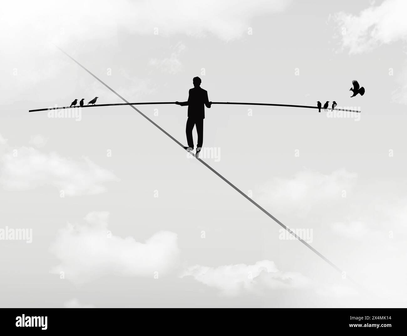 A tightrope walker concentrates as bird land on his balance pole in an ...