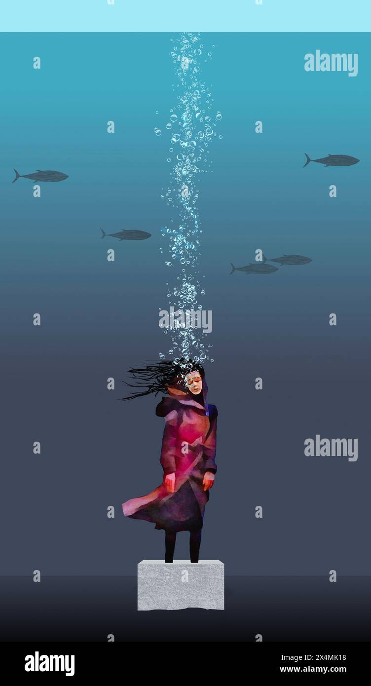 A girl is drowning in sorrow and is underwater as he last breaths ...