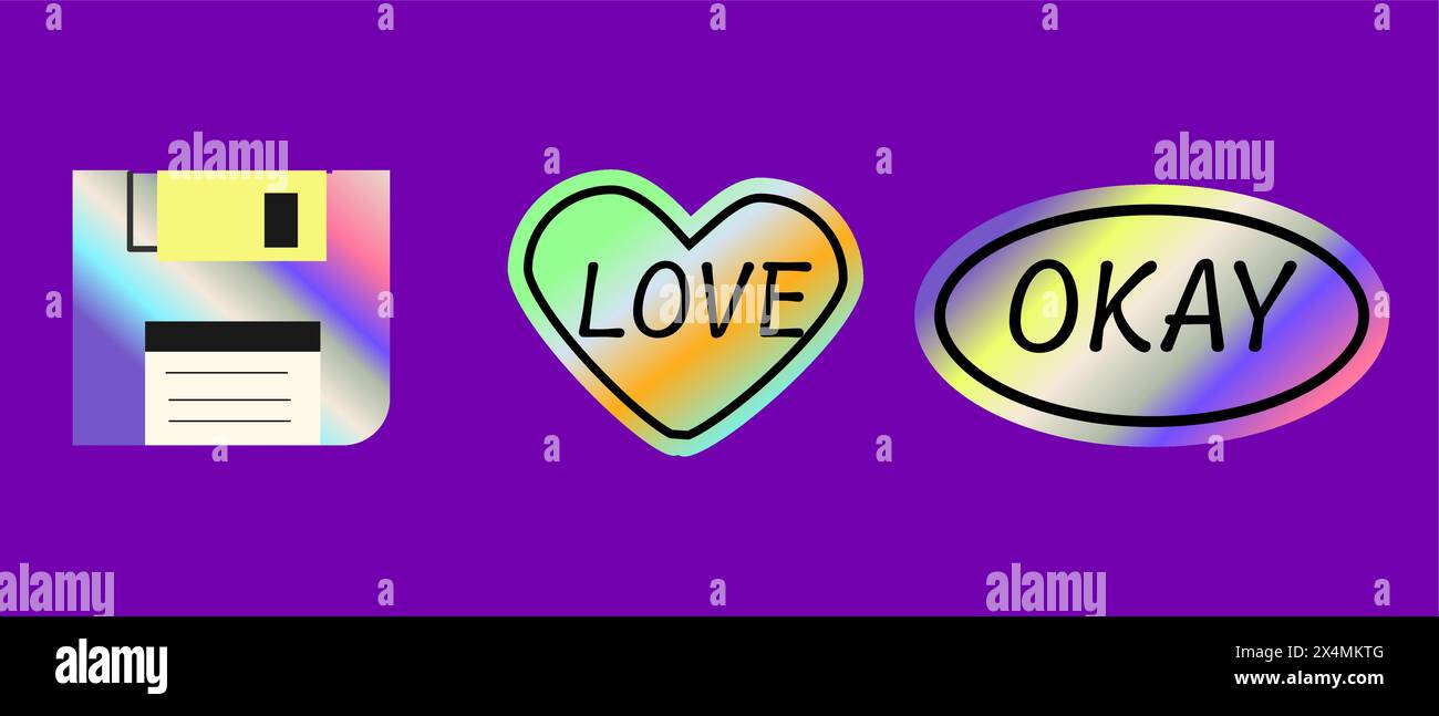 Y2k elements set with gradient, 2000s holographic stickers in retro 00s ...