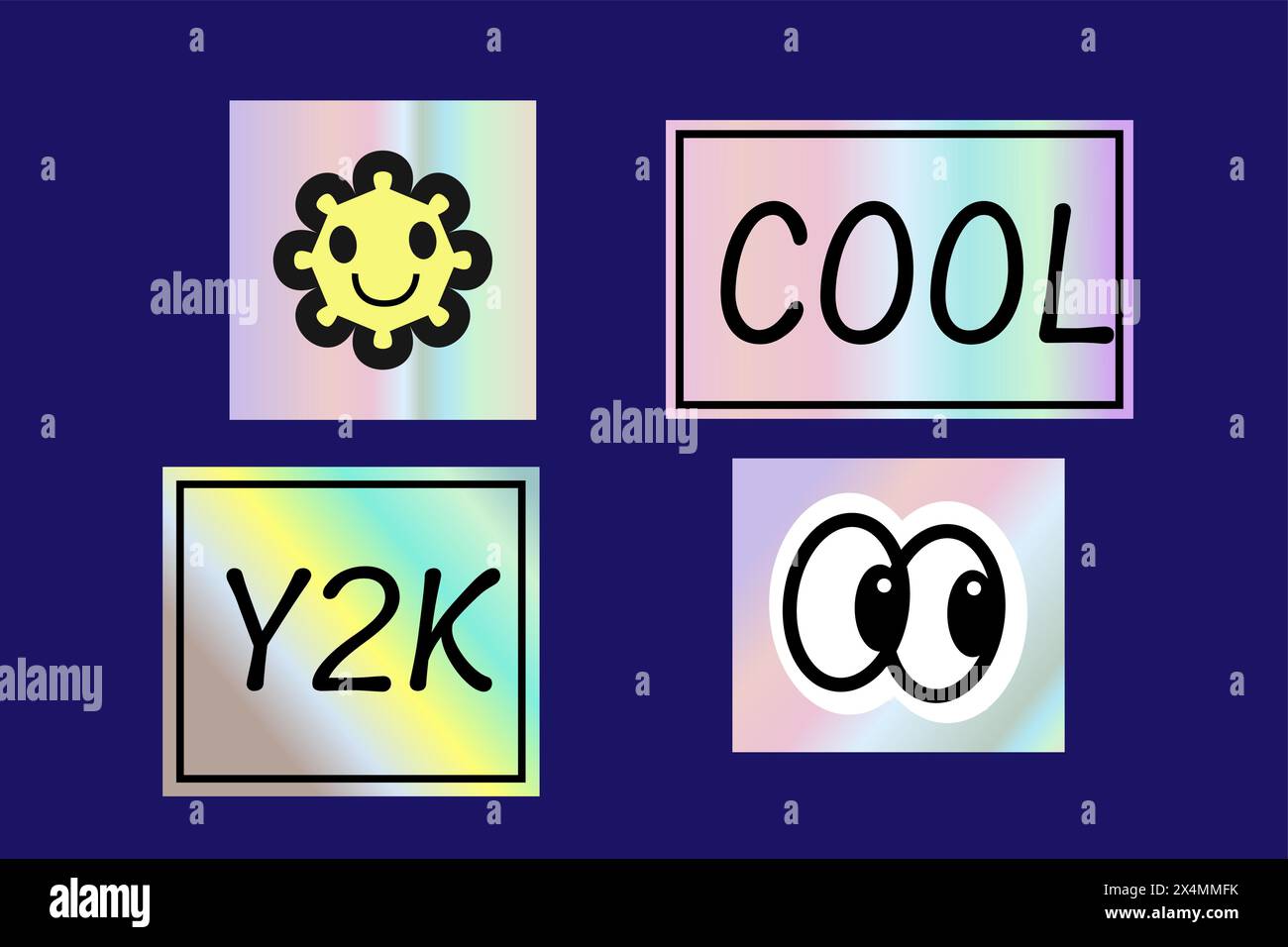Y2k elements set with gradient, 2000s holographic stickers in retro 00s ...