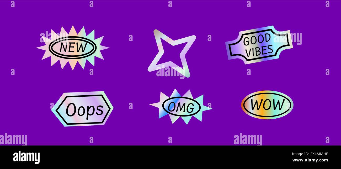 Y2k elements set with gradient, 2000s holographic stickers in retro 00s ...