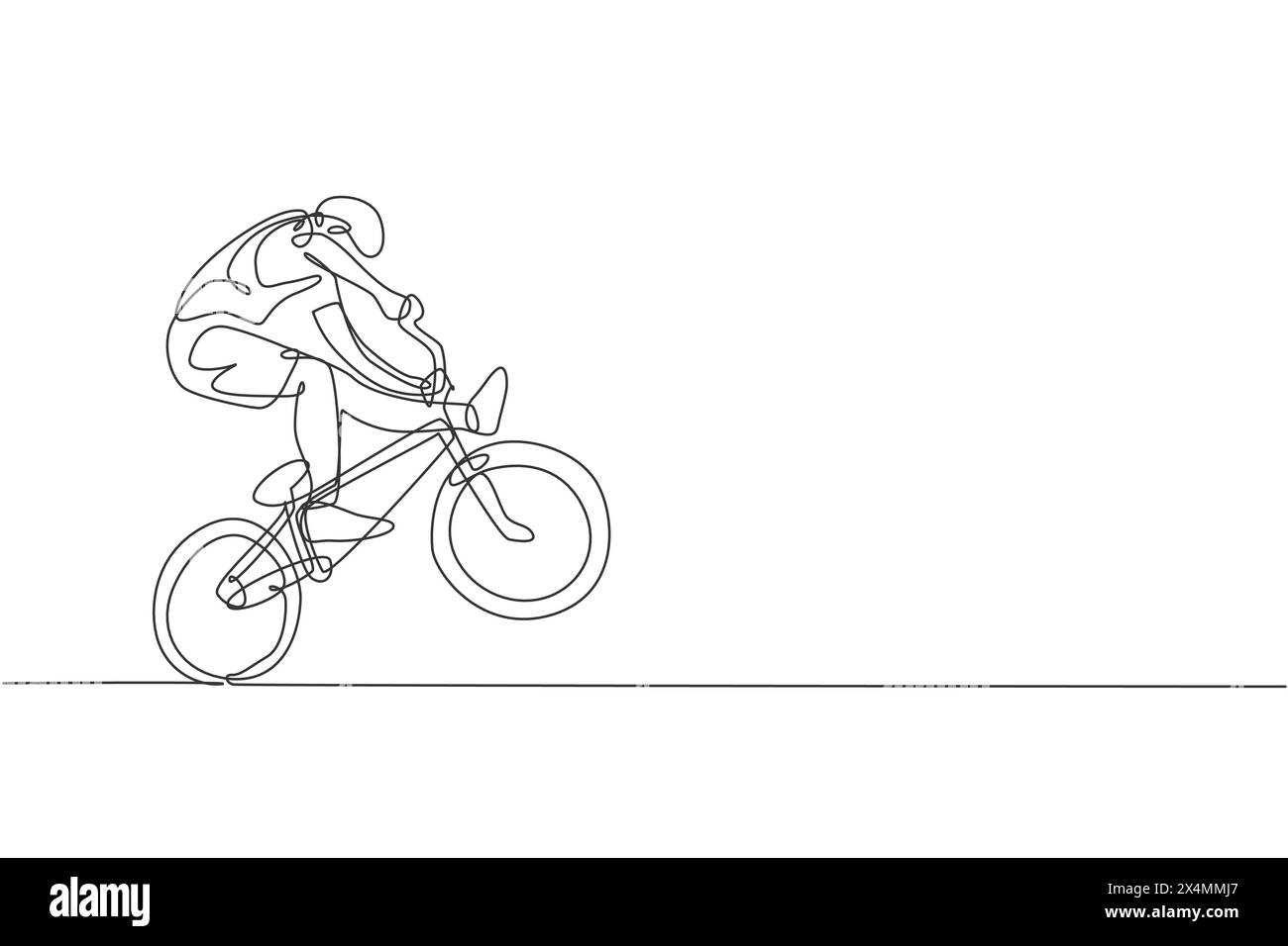 One single line drawing of young bmx bicycle rider performing freestyle ...