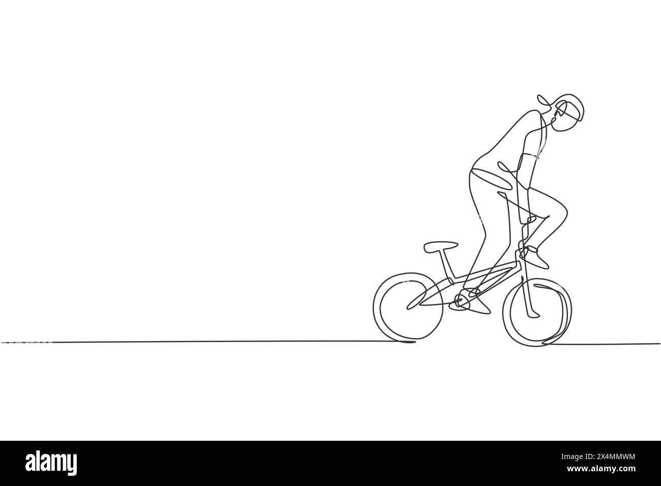 One single line drawing of young bmx bicycle rider performing freestyle ...
