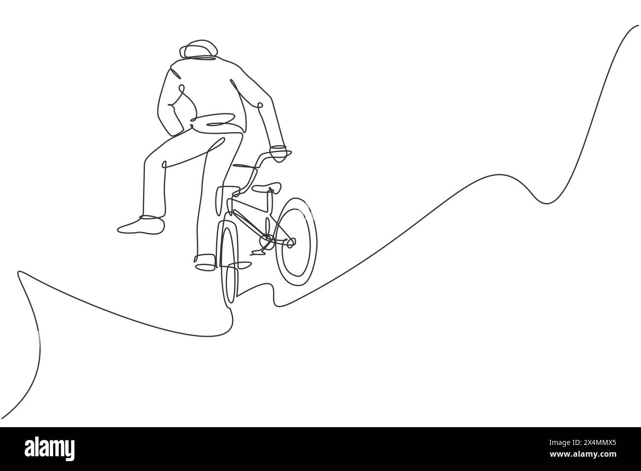 One continuous line drawing of young BMX bicycle rider performing ...