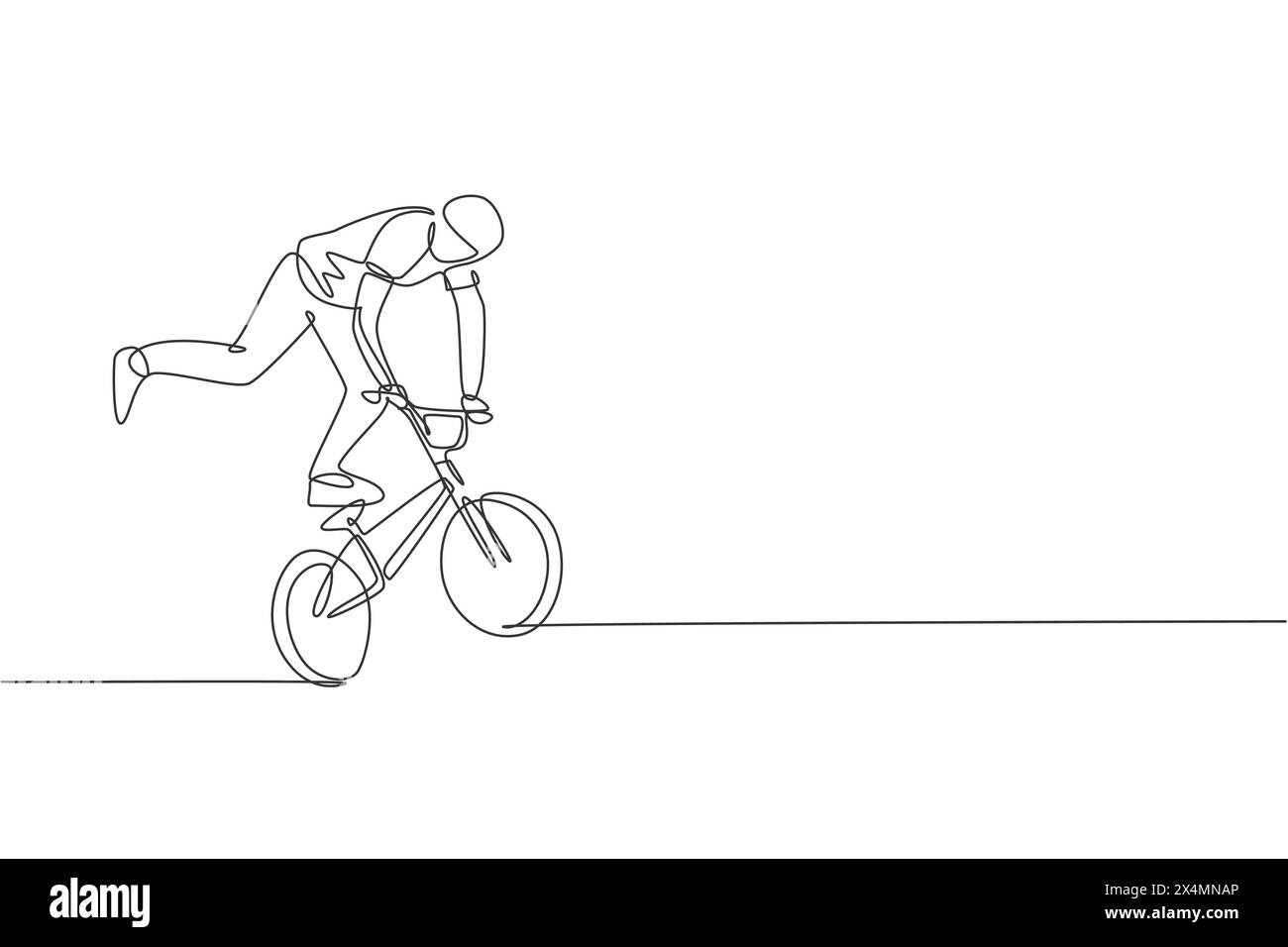 One single line drawing of young bmx bicycle rider performing freestyle ...