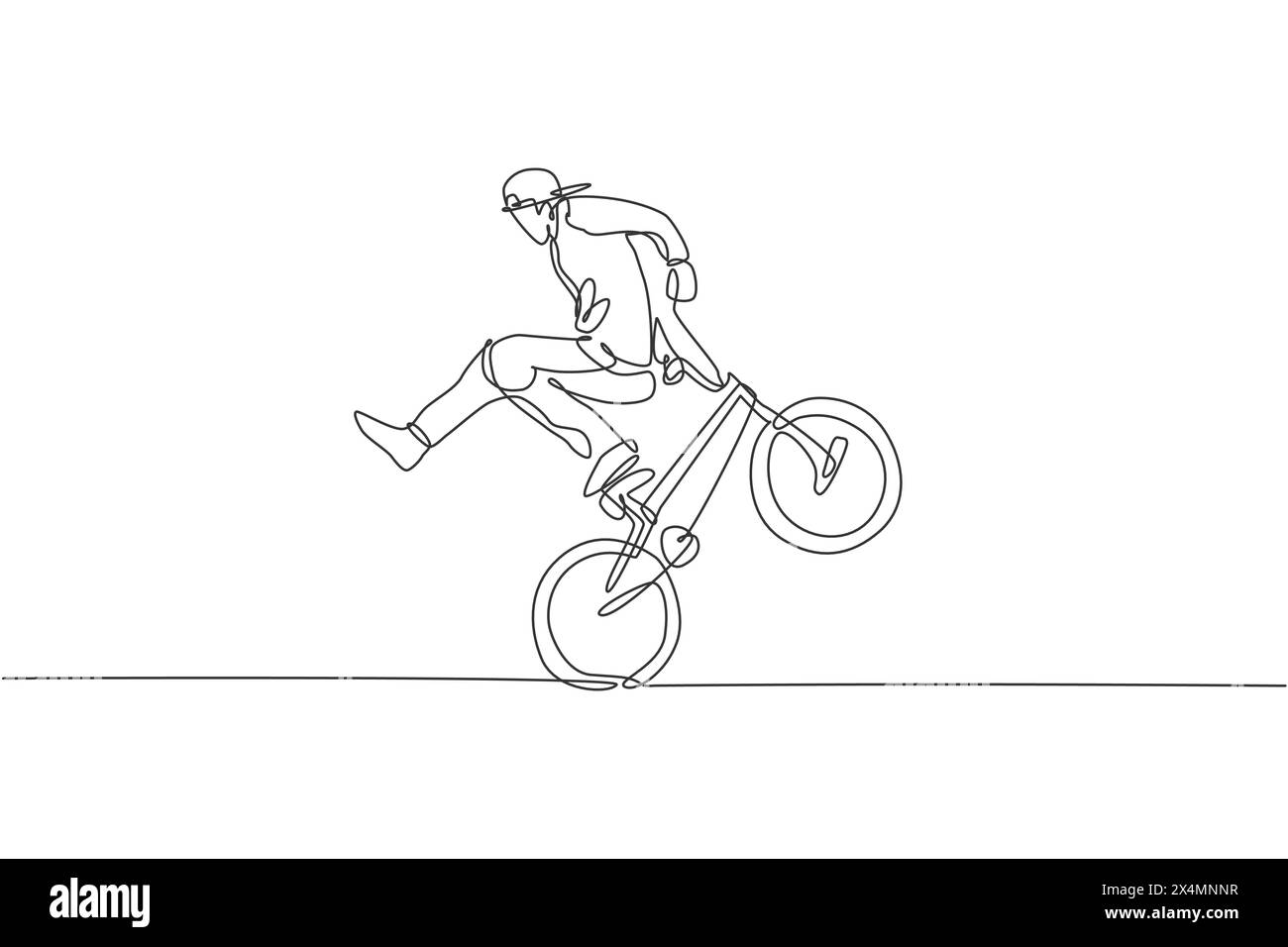 Single continuous line drawing of young BMX cycle rider show extreme ...