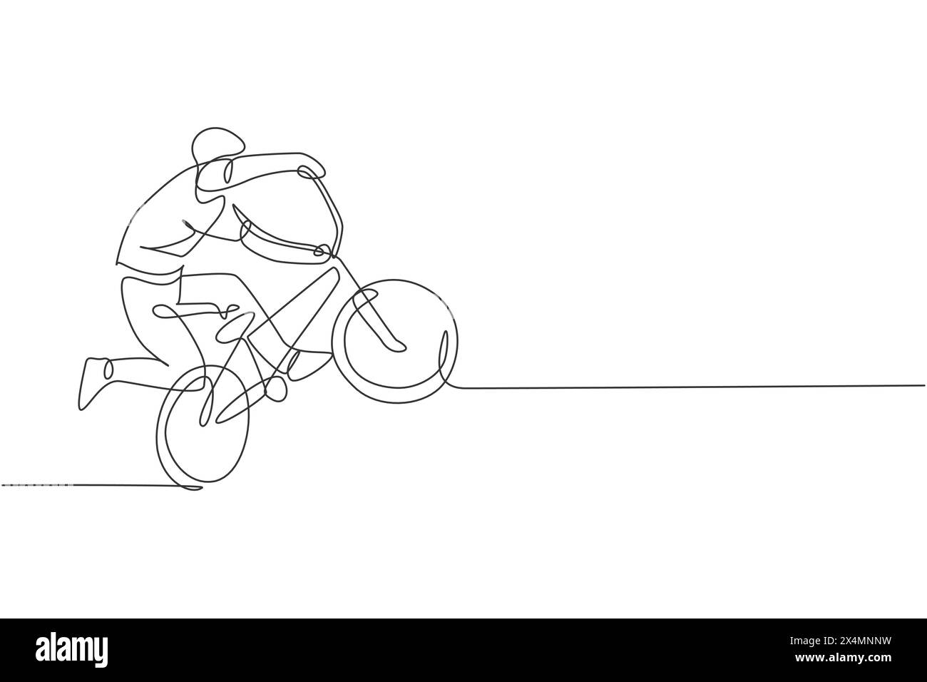 One single line drawing of young bmx bicycle rider performing freestyle ...