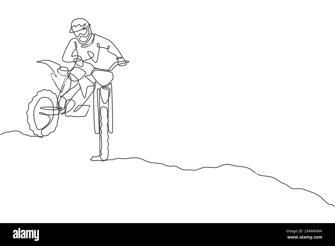 Single continuous line drawing of young motocross rider down the hill ...