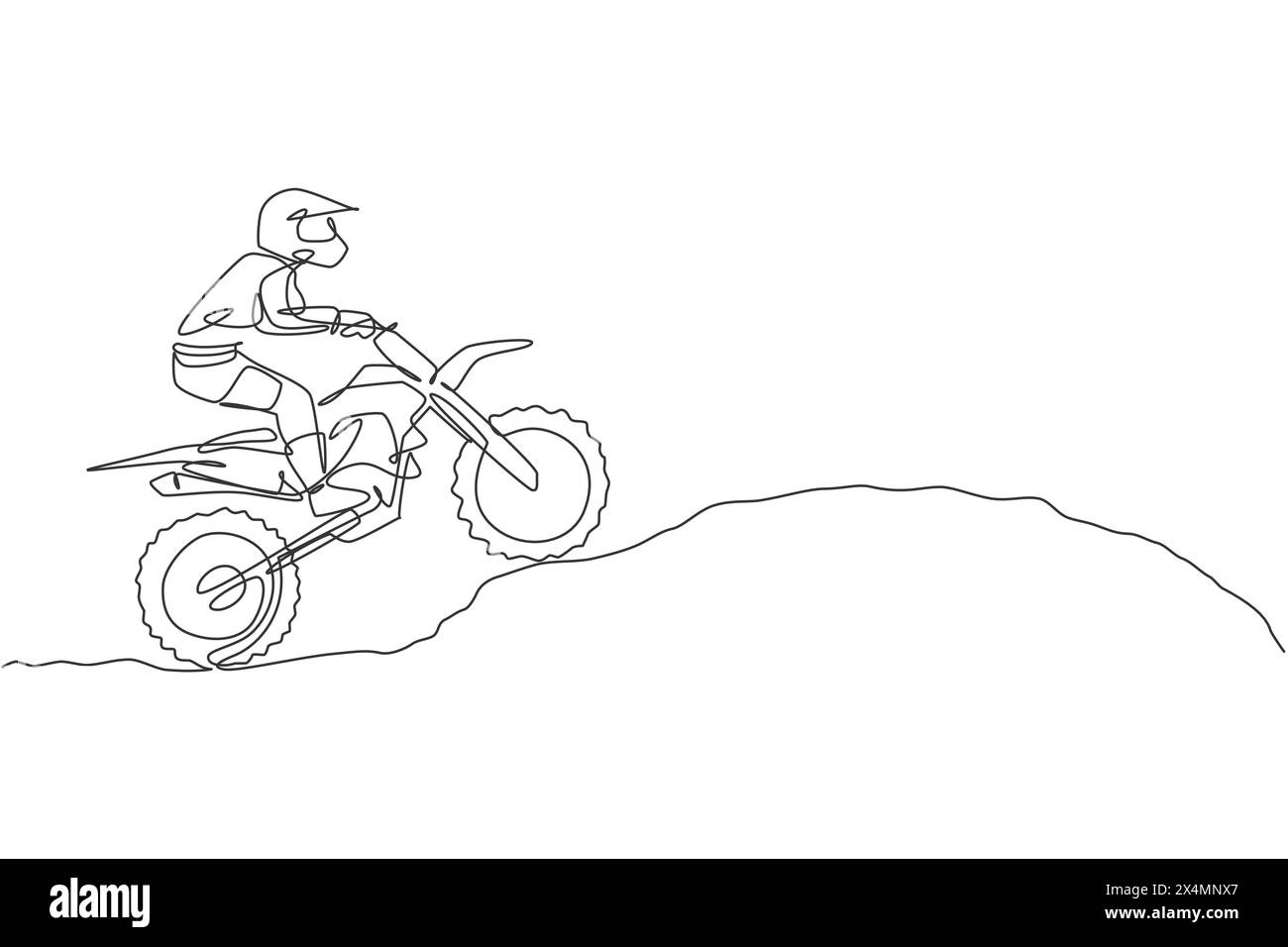 One continuous line drawing of young motocross rider climb mound of ...