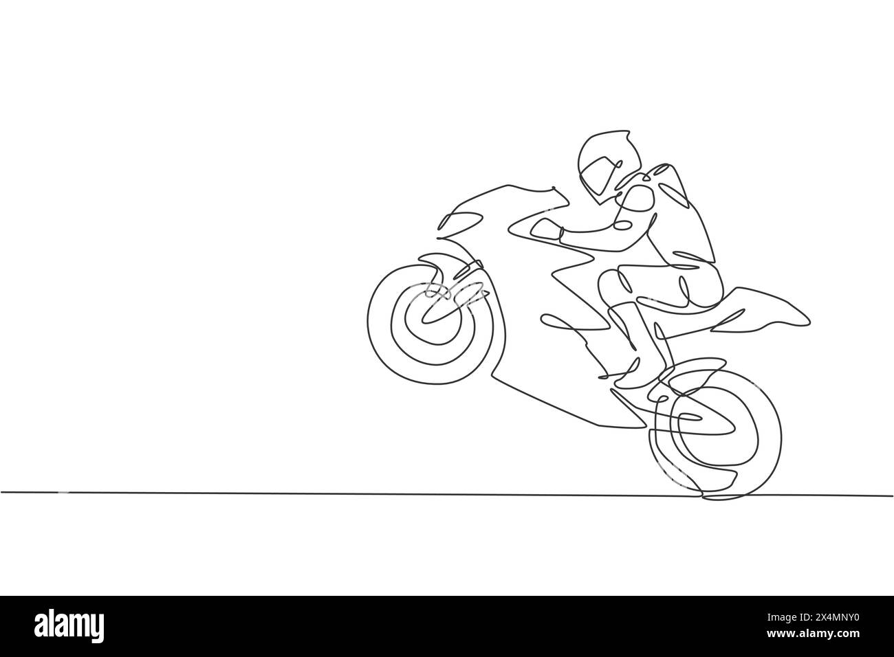One single line drawing of young moto racer jumping his motorcycle to ...
