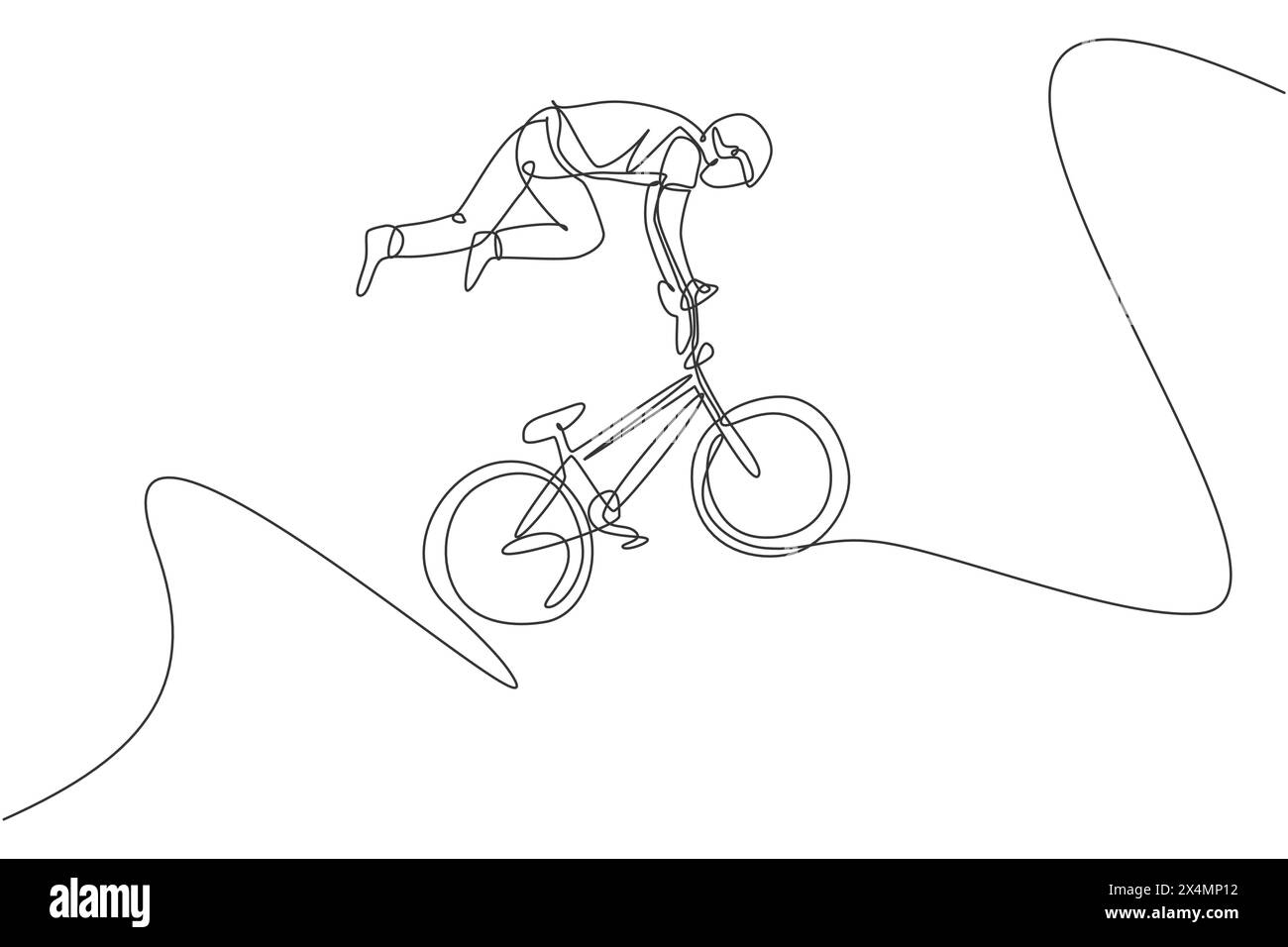 One continuous line drawing of young BMX bicycle rider does flying on ...