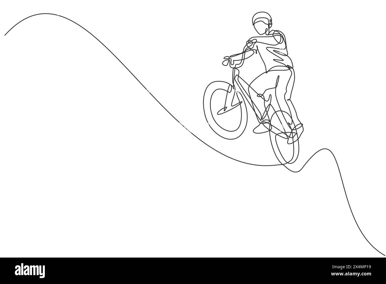 Single continuous line drawing of young BMX cycle rider show flying on ...