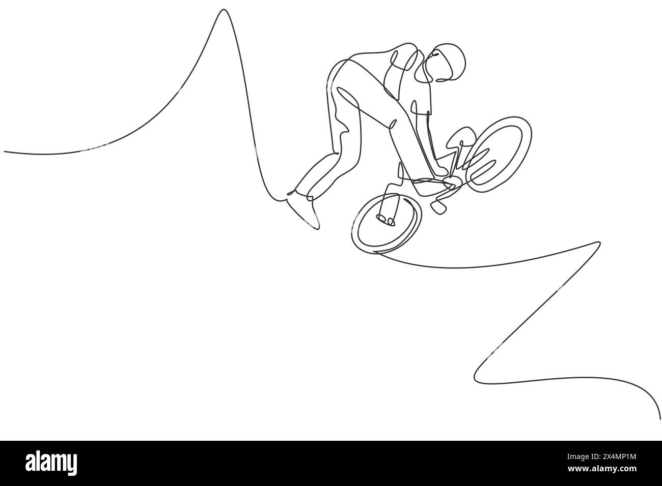 One single line drawing of young bmx bicycle rider do flying on the air ...