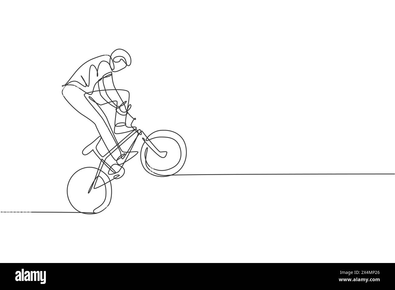 One single line drawing of young bmx bicycle rider performing freestyle ...