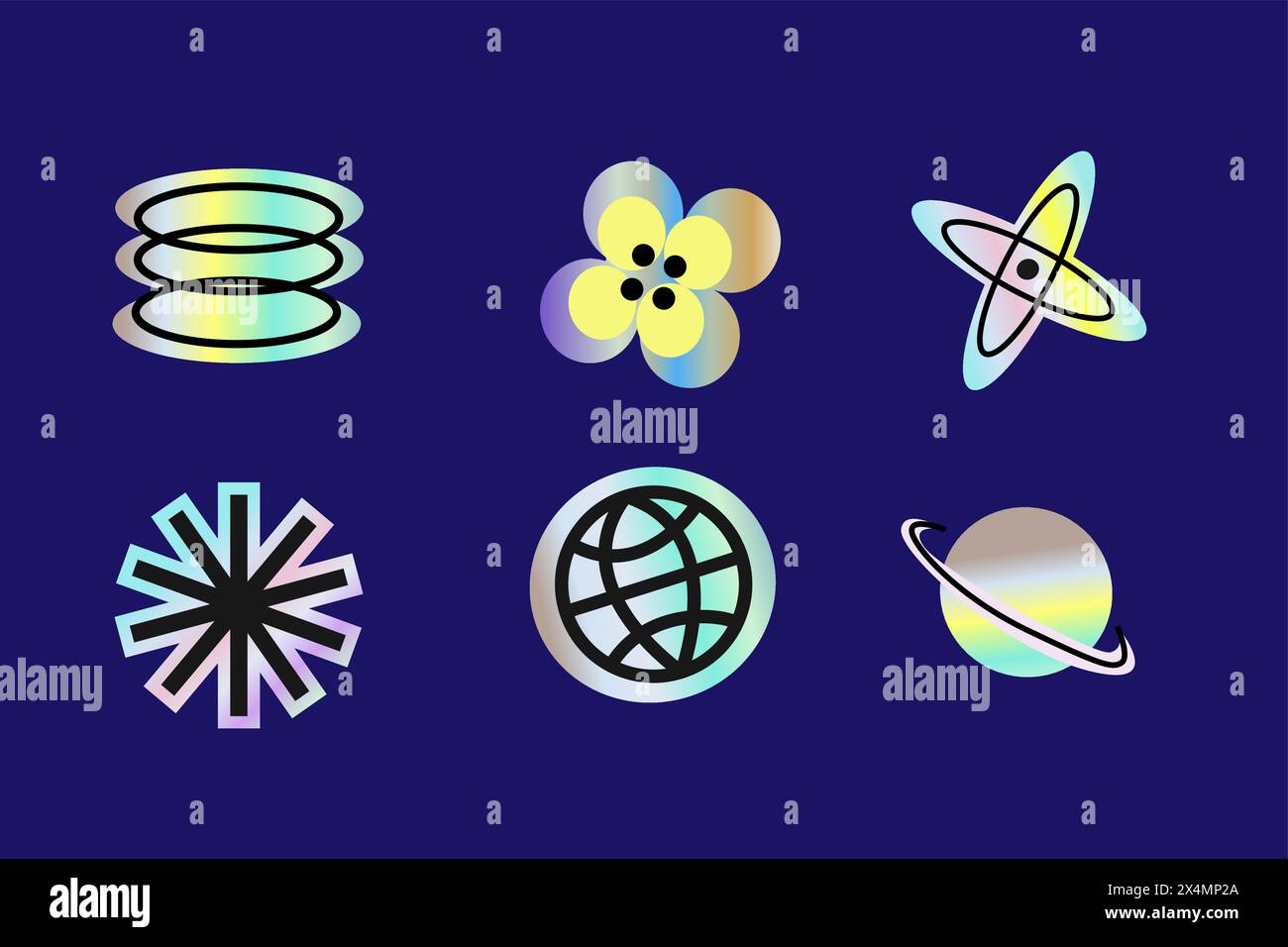 Y2k elements set with gradient, 2000s holographic stickers in retro 00s ...