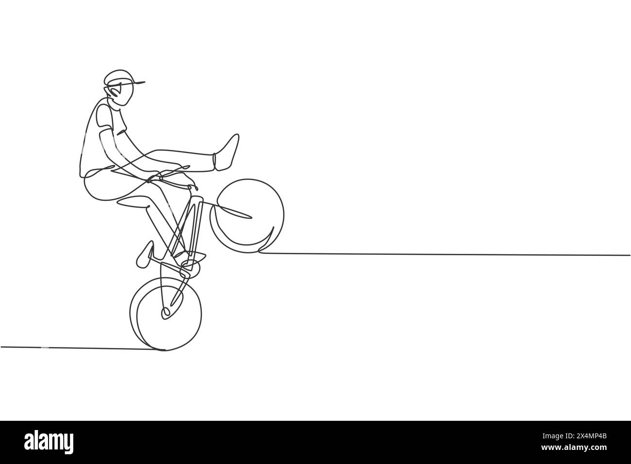 One continuous line drawing of young BMX bicycle rider performing ...