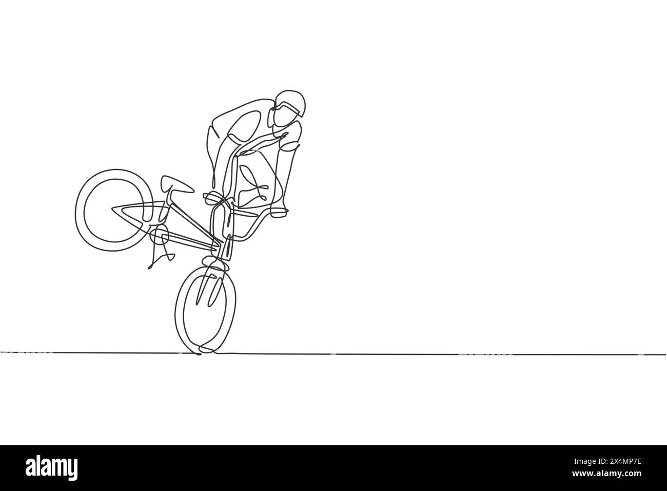 One continuous line drawing of young BMX bicycle rider performing ...