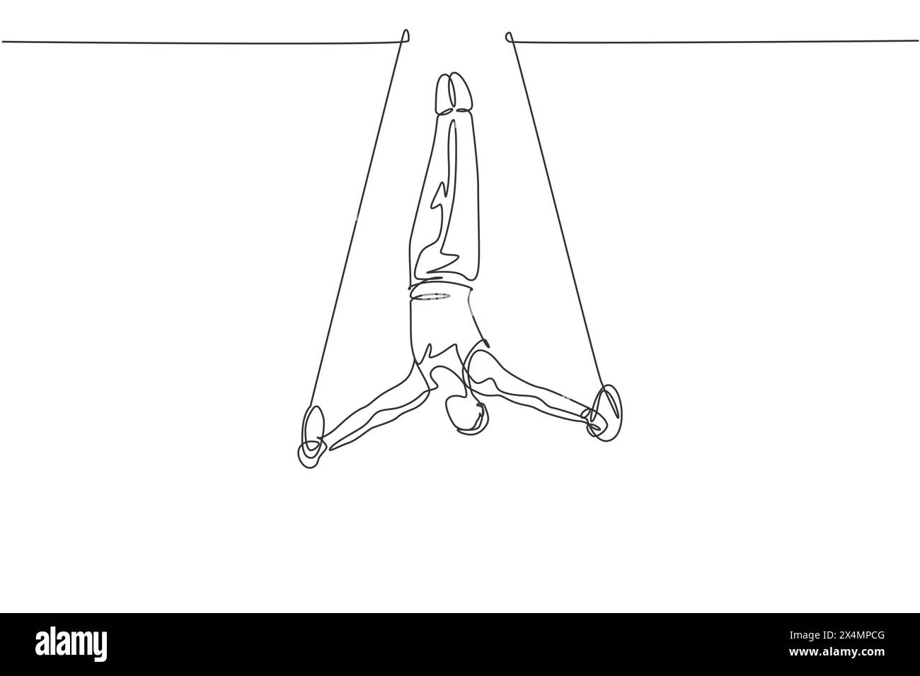 One continuous line drawing of young man exercising steady rings at ...