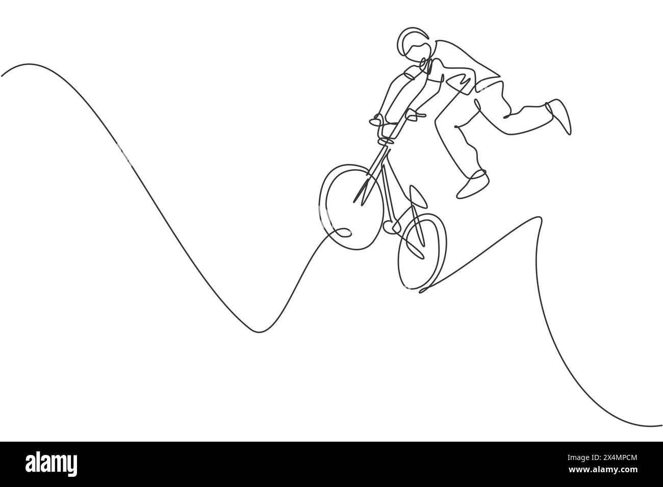 Single continuous line drawing of young BMX cycle rider show jumping ...