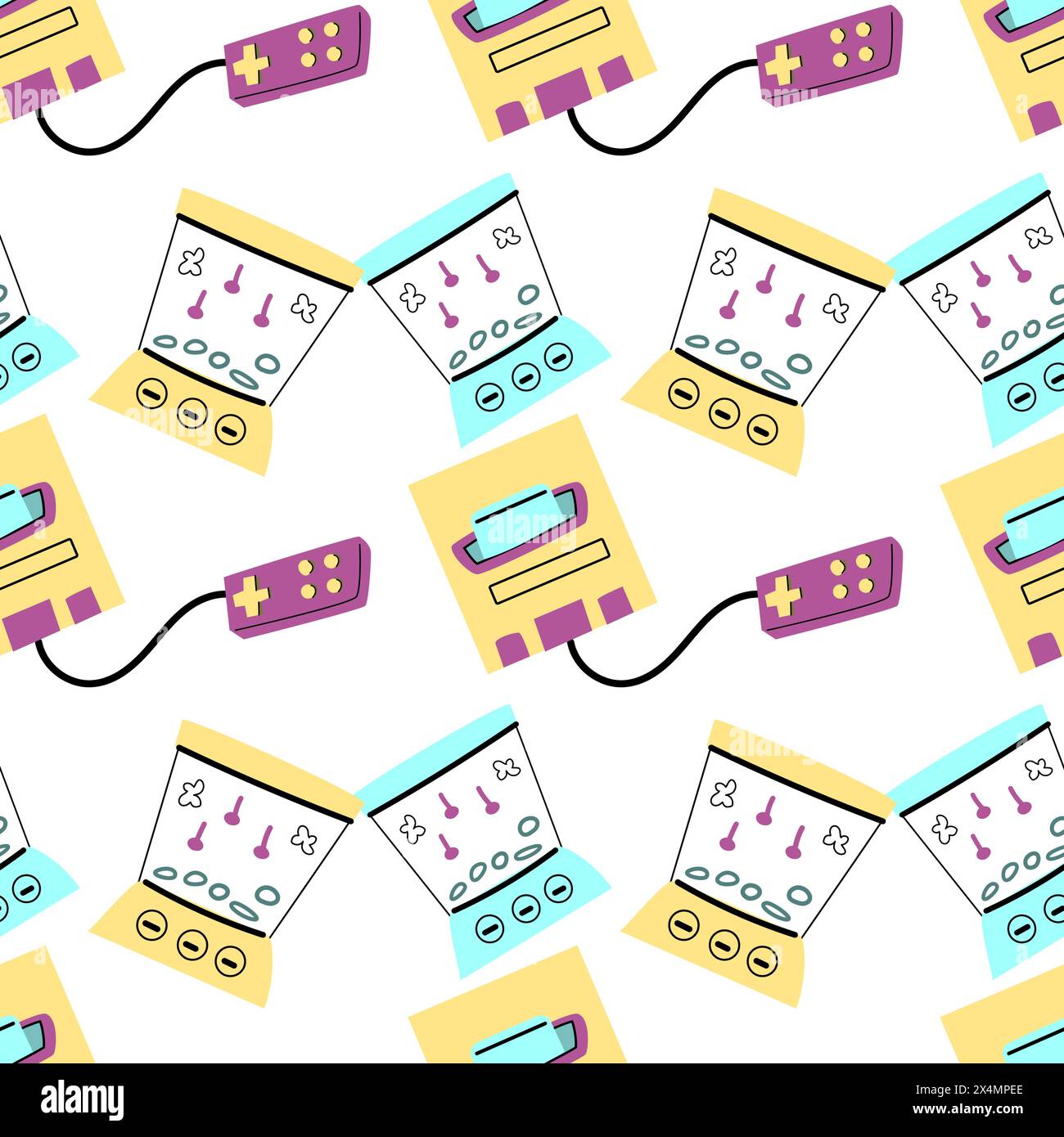 90s retro element seamless pattern, retro style, game and music items ...