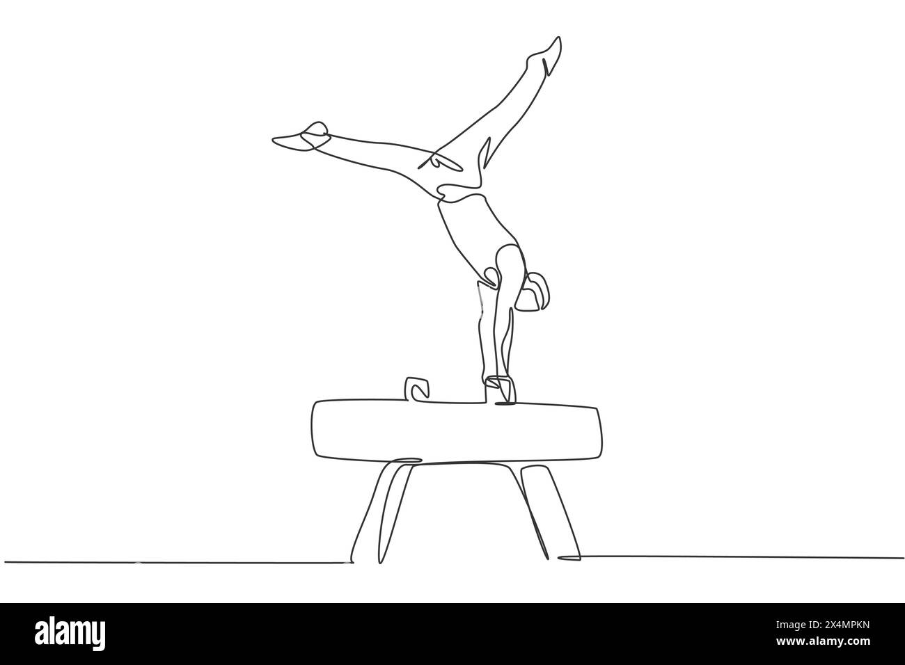 One single line drawing of young handsome gymnast man exercising pommel ...