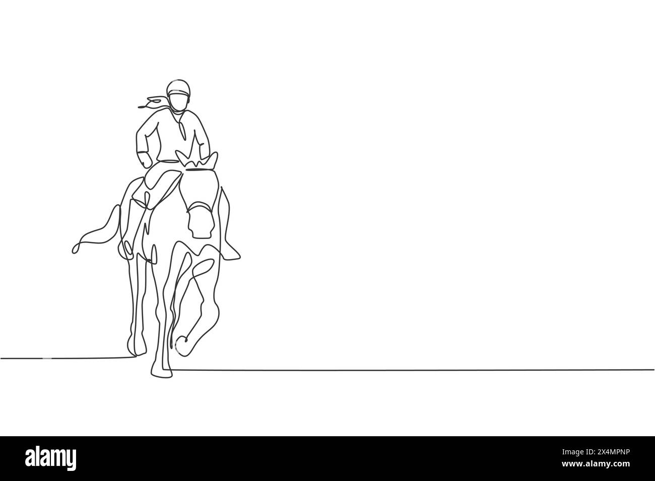One single line drawing of young horse rider woman performing dressage ...