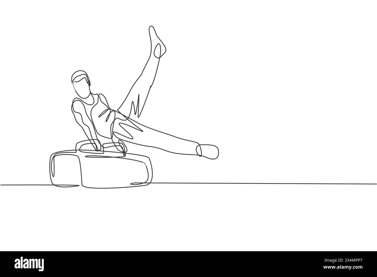 One single line drawing of young handsome gymnast man exercising pommel ...