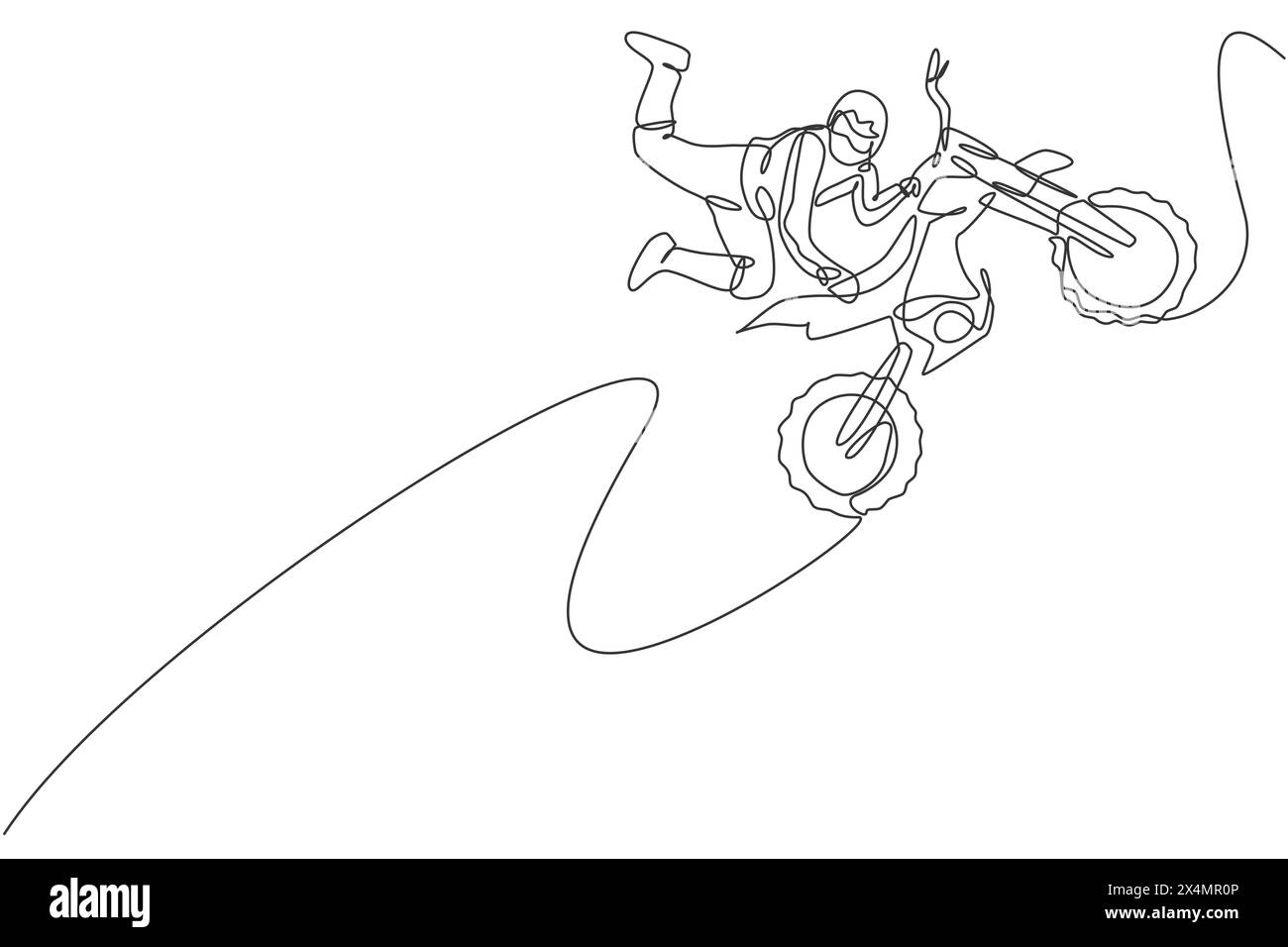 One single line drawing of young motocross rider does dangerous ...